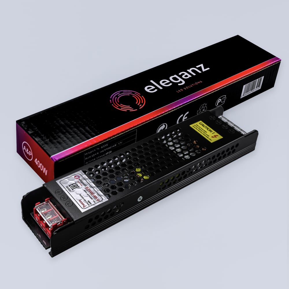 Блок питания Eleganz 12V 400W негерметичный узкий без вентилятора ...