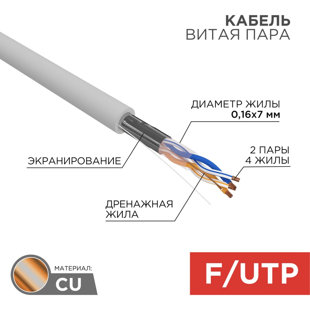 Кабель REXANT витая пара, FTP, 2PR, 24AWG, CAT5e, STRANDED, бухта 305 м ...