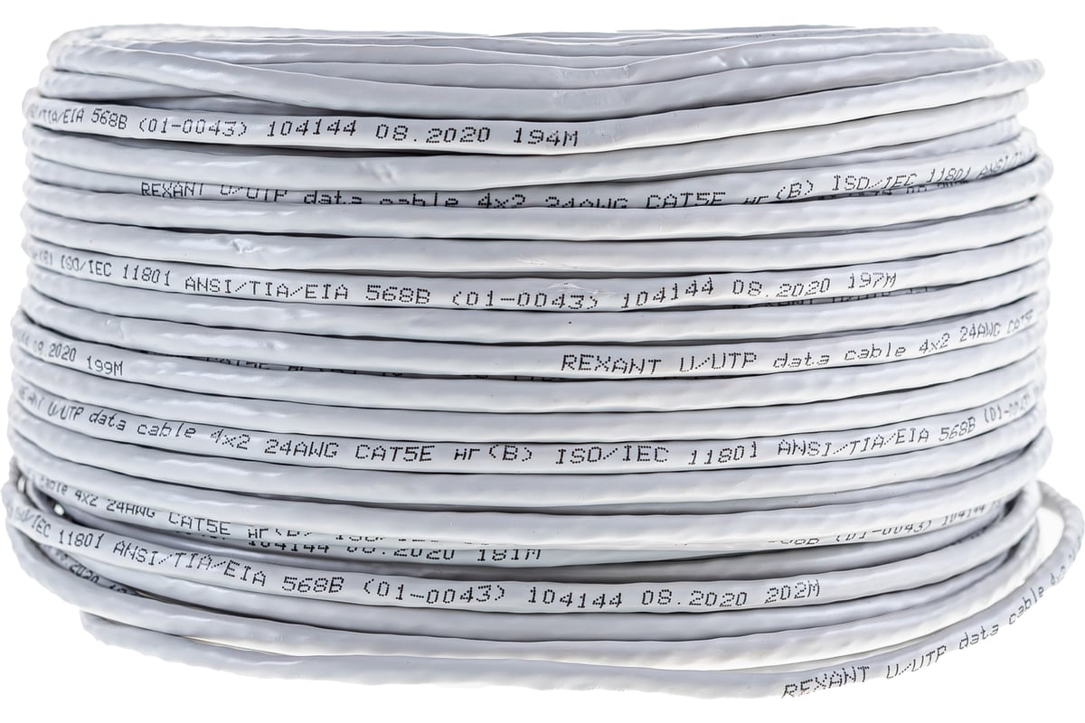 Кабель REXANT UTP 4PR 24AWG, CU, CAT5e, 100 МГц, PVC, серый, бухта 100 ...