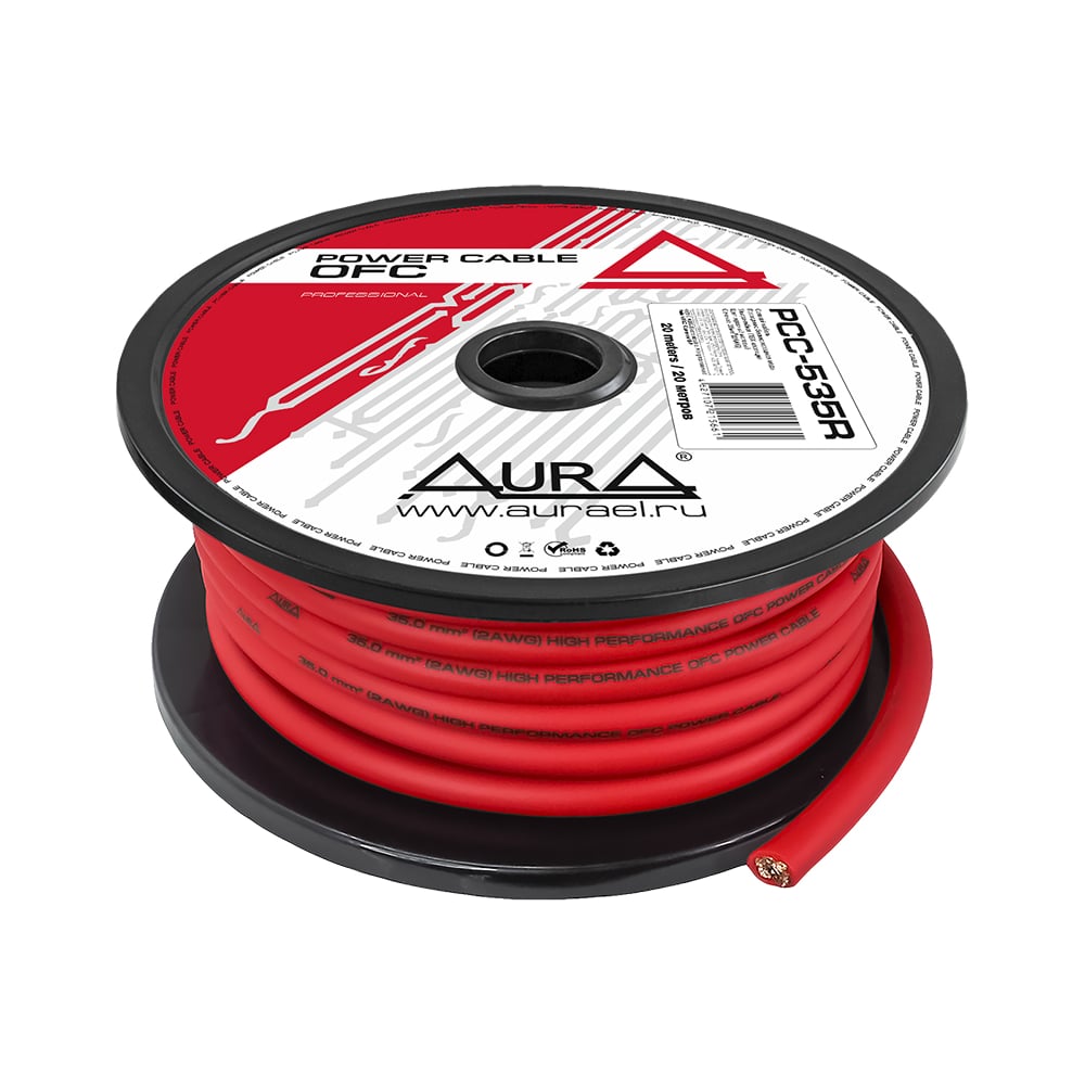Кабель силовой AURA OFC, 2AWG/35мм2, 20м/катушка, красный PCC-535R ...