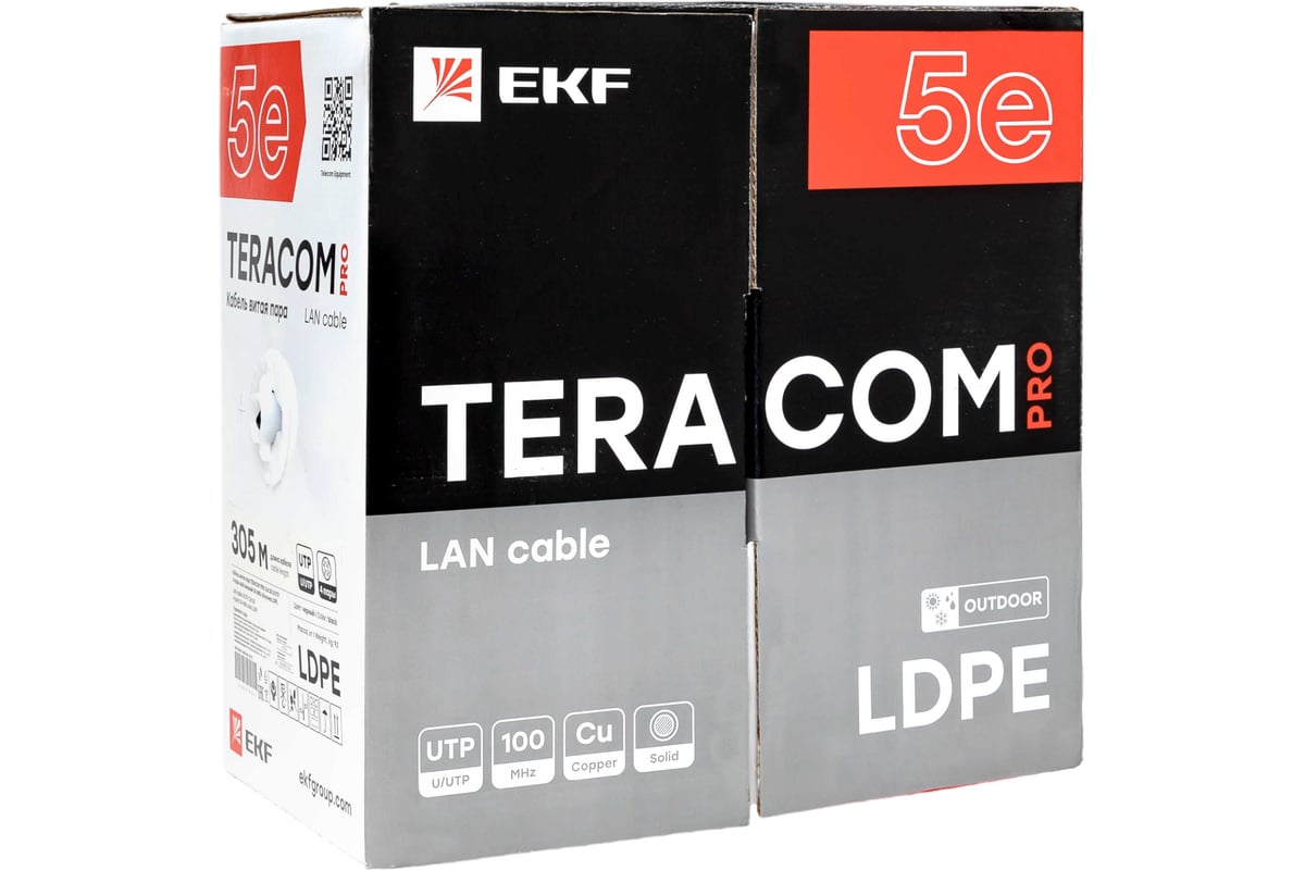 Кабель витая пара EKF TERACOM pro cat.5e u/utp 4 пары solid внешний 24awg оболочка ldpe, цвет ...