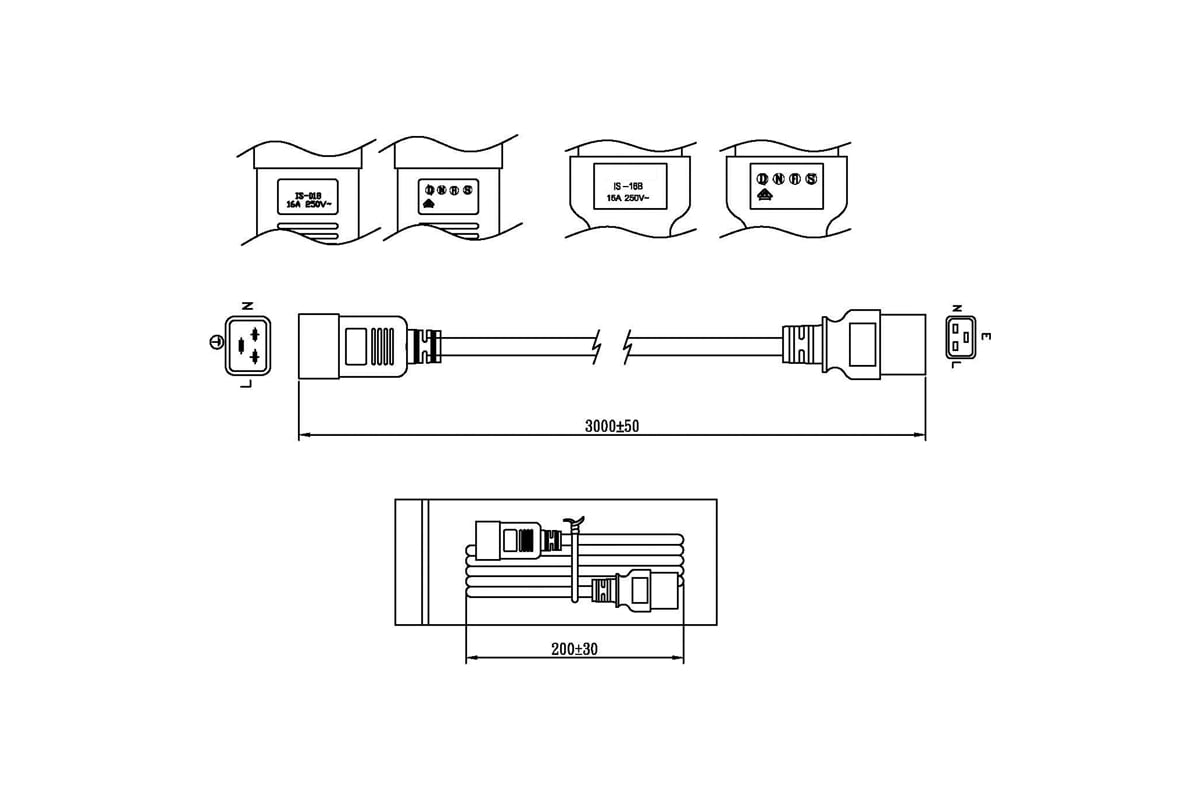 Кабель питания Hyperline Pwc Iec19 Iec20 3 0 Bk Iec 320 C19 Iec 320 C20 3x1 5мм2 16a