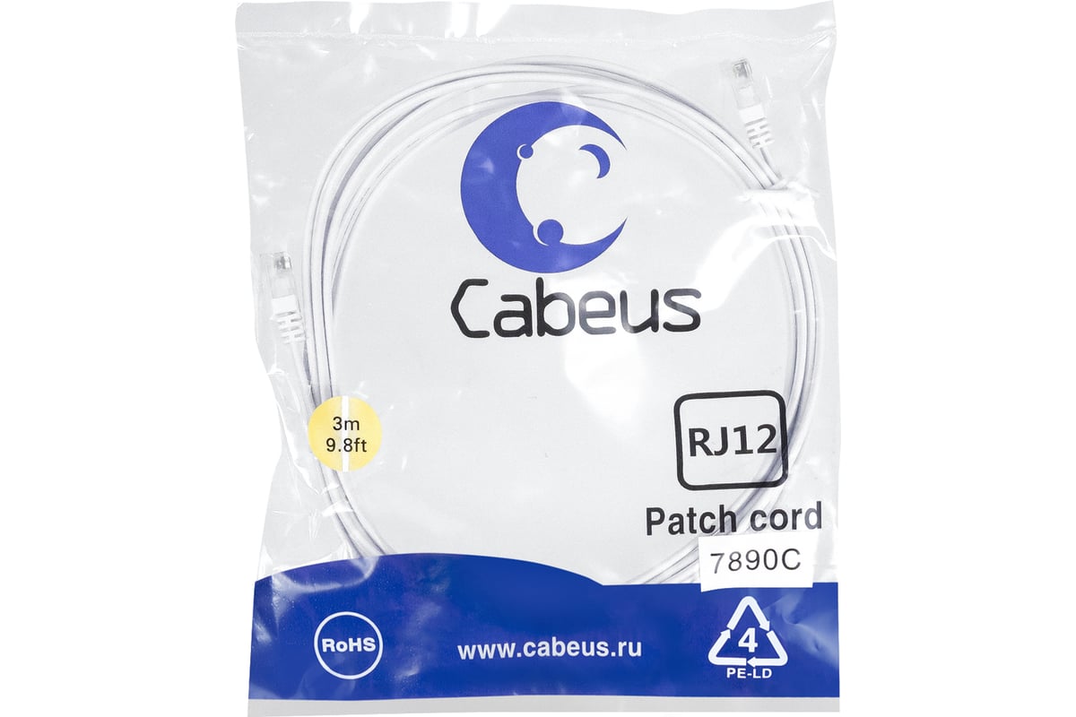 Телефонный патч-корд Cabeus 2x6р4с, белый, PVC, 3 м PC-TEL-RJ12-3m ...