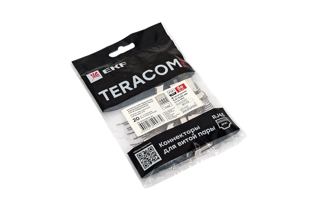 Коннектор Rj 45 Ekf Teracom Pro экранированный 8p8c 30мкд Cat 5e универсальный упаковка 20