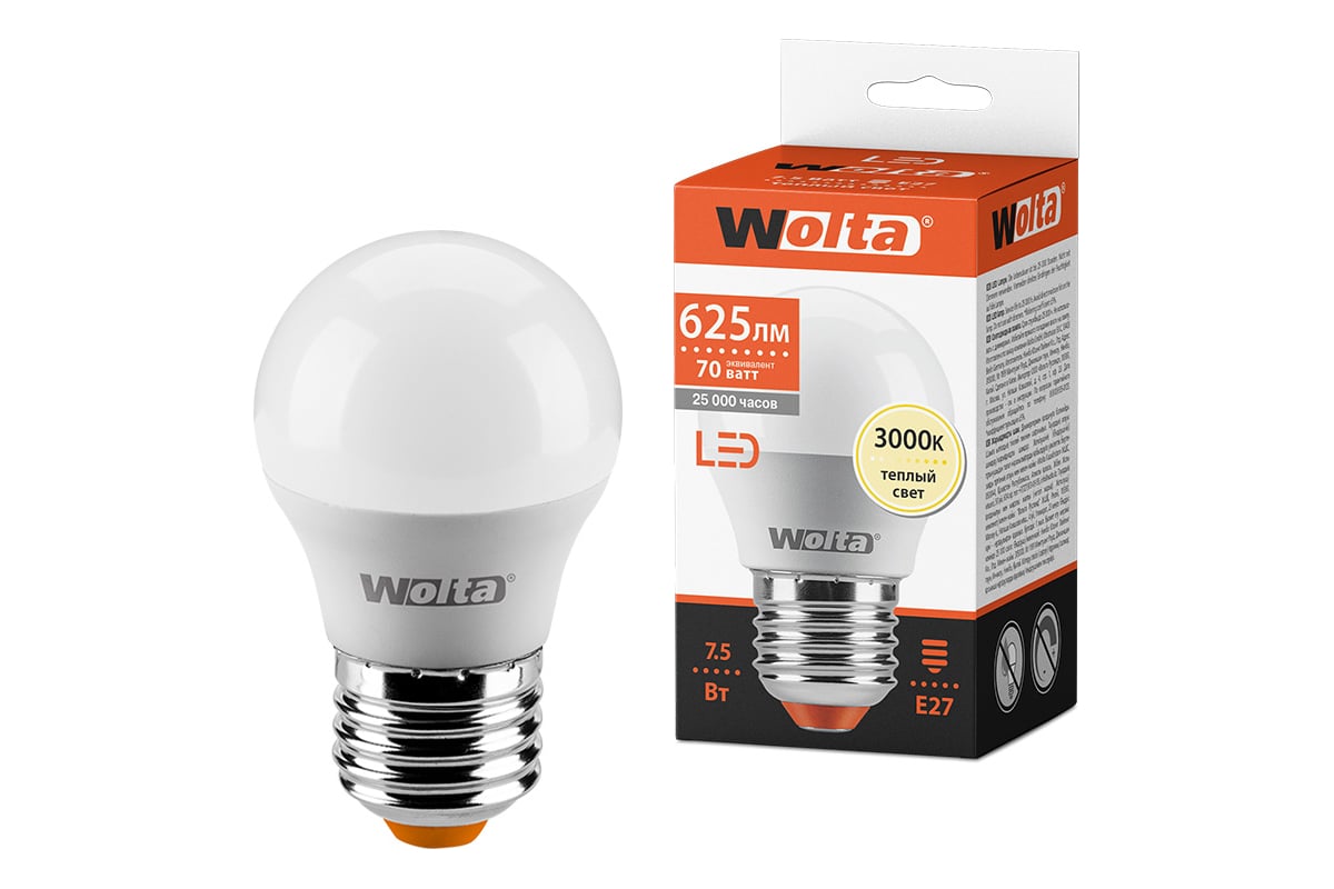 Светодиодная лампа Wolta Led7.5Вт шар, G45, 3000K Теплый белый свет ...