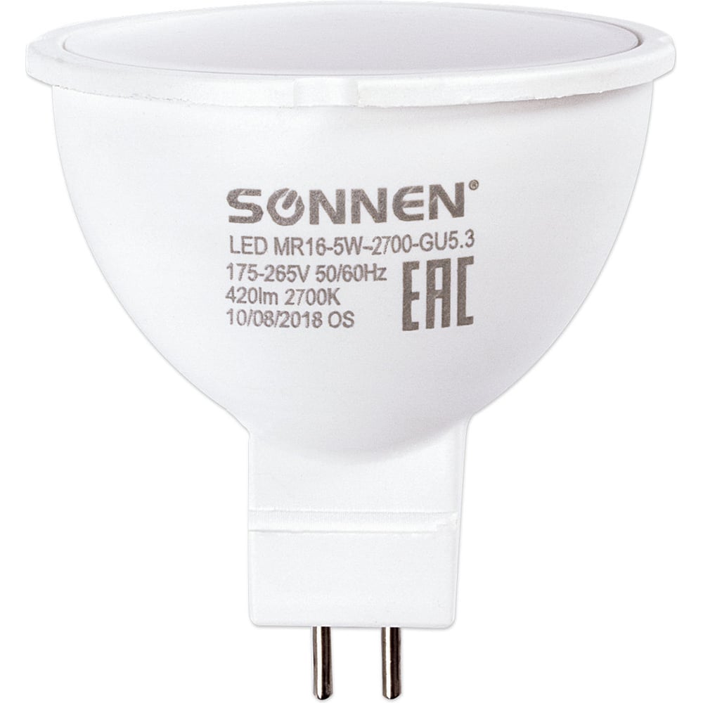 Светодиодная лампа SONNEN 5 Вт, цоколь GU5.3, теплый белый свет, LED ...