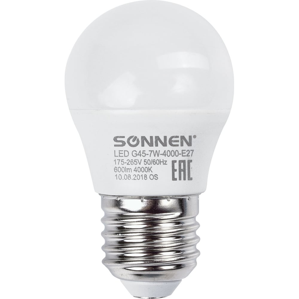 Светодиодная лампа SONNEN 7Вт, цоколь E27, шар, холодный белый свет ...