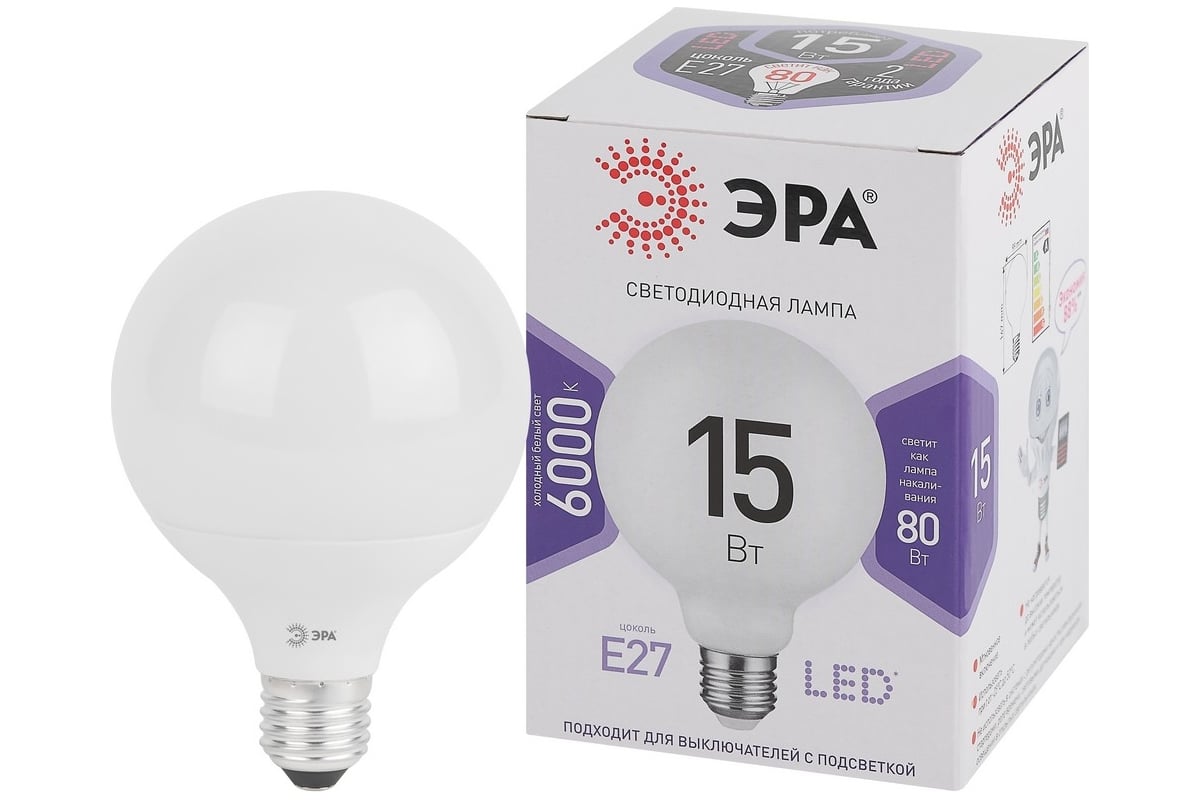 Лампочка светодиодная ЭРА STD LED G9515W6000KE27 E27 / Е27 15Вт шар ...