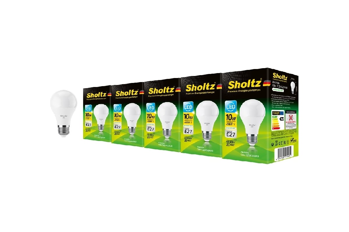 Комплект из 5 светодиодных ламп Sholtz груша 10Вт E27 4200К А60 175 ...