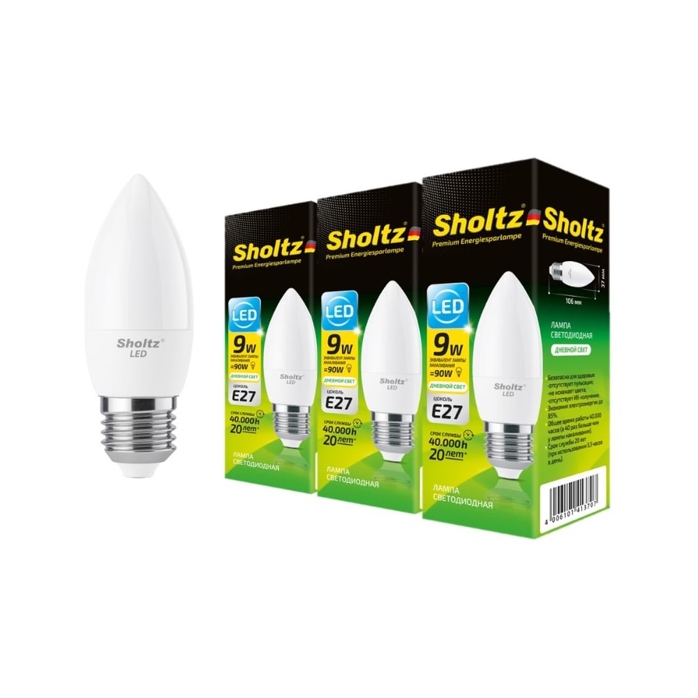 Комплект из 3 светодиодных ламп Sholtz свеча 9Вт E27 4200К C37 220-240В ...