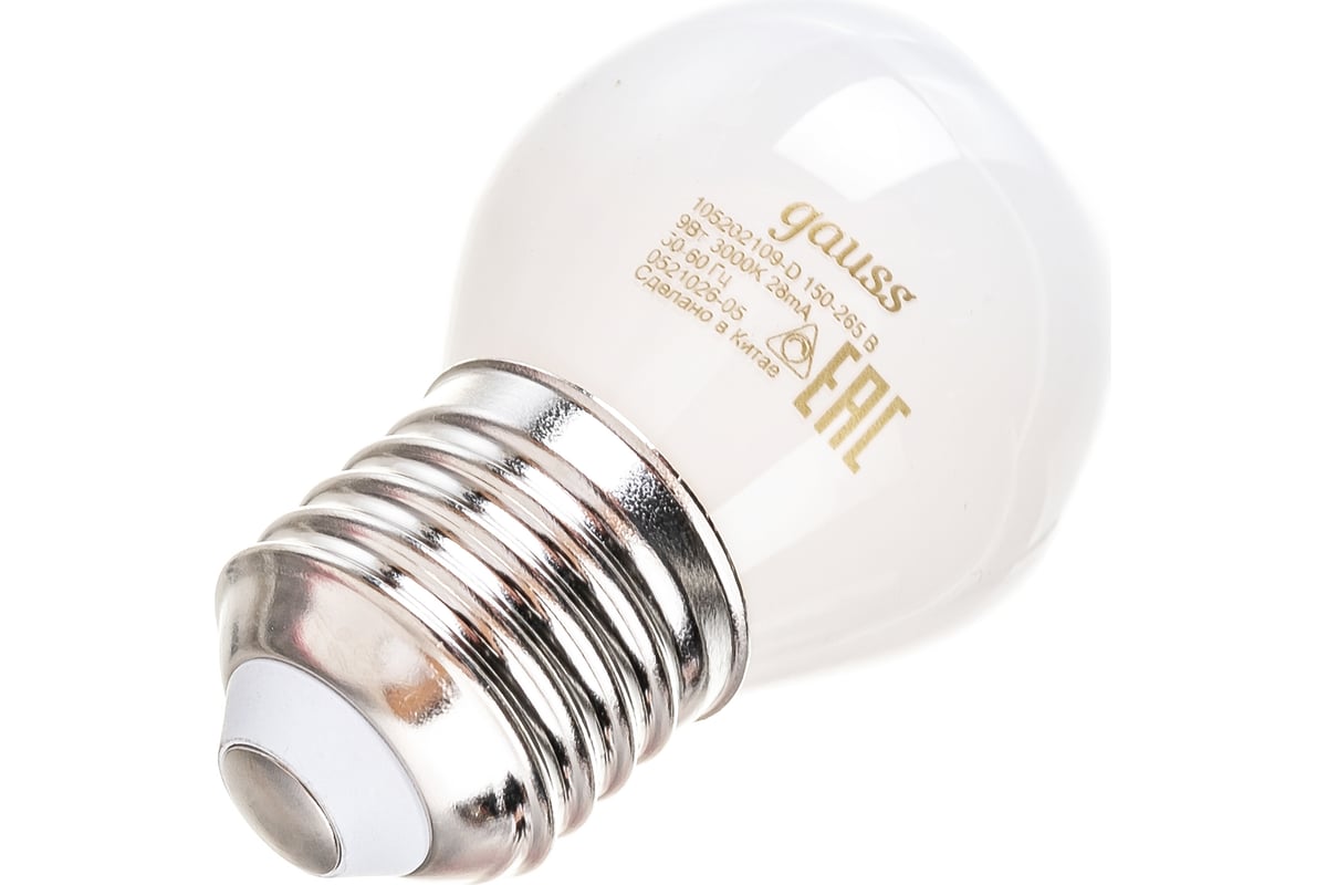 Лампа Gauss Filament, шар, 9W, 590lm, 3000К, Е27, milky, диммируемая ...