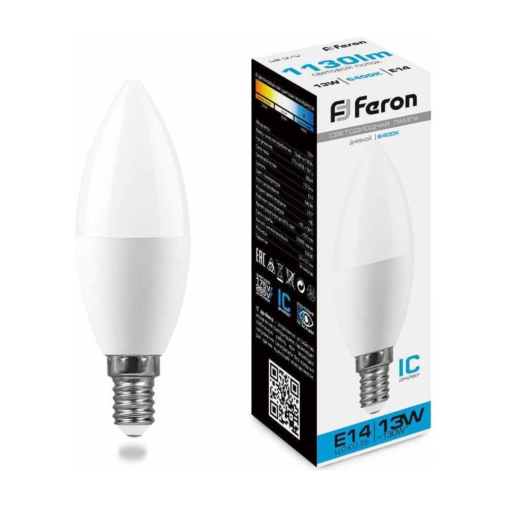 Светодиодная лампа FERON LB-970, 13W, 230V E14 6400K свеча 38109 ...