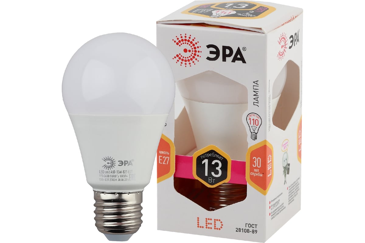 Светодиодная лампа ЭРА LED smd A60-13W-827-E27 Б0020536 - выгодная цена, отзывы, характеристики ...