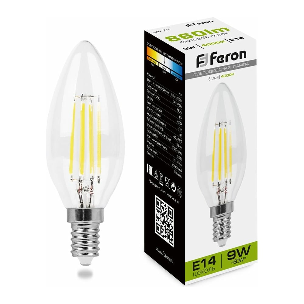 Светодиодная лампа FERON 9W 230V E14 4000K прозрачная, LB-73 25958 ...