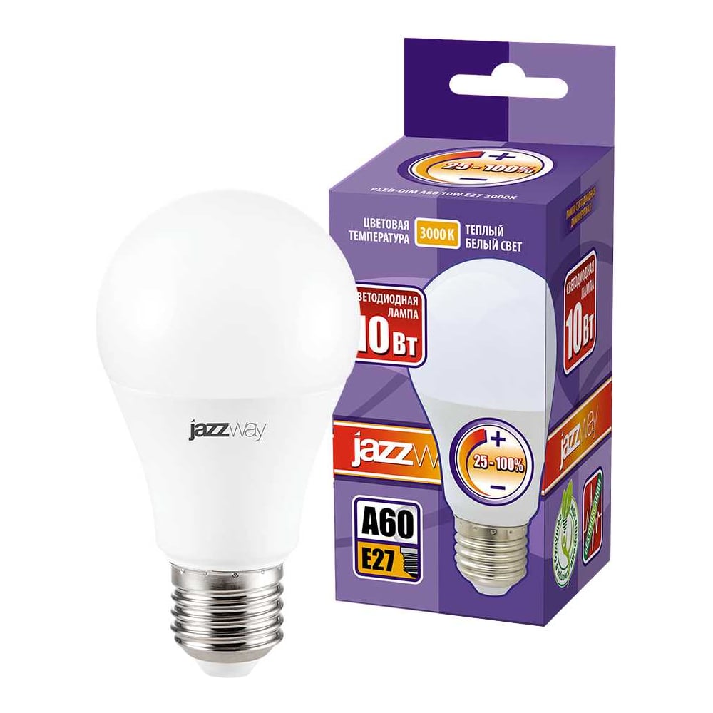 Светодиодная лампа Jazzway диммируемый PLED-DIM A60 10Вт грушевидная 3000К теплый белый 820лм ...