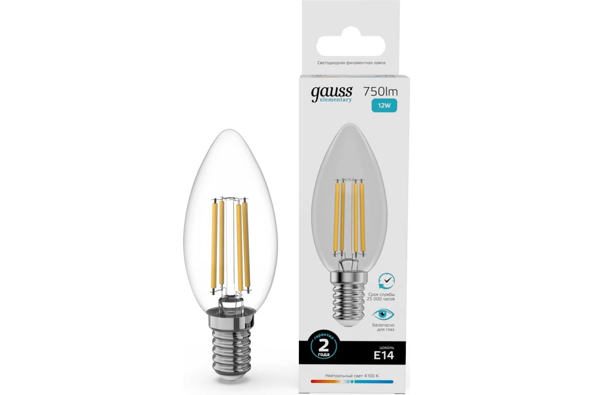 Лампа Gauss Filament Elementary Свеча 12W 750lm 4100К Е14 LED 1/10/100 ...