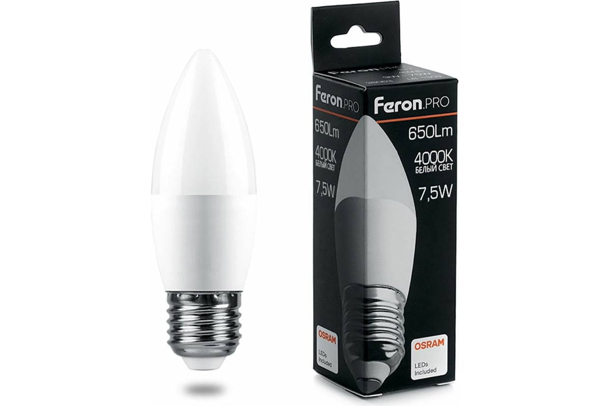 Светодиодная лампа FERON PRO LB-1307 Свеча E27 7.5W 4000K OSRAM LED ...