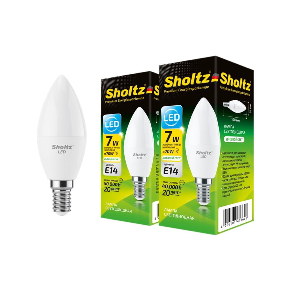 Комплект из 2 светодиодных ламп Sholtz свеча 7Вт E14 4200К C37 220-240В ...