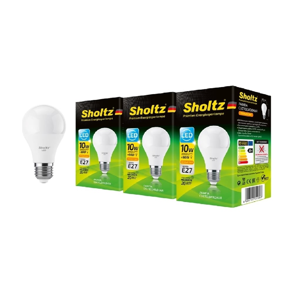 Комплект из 3 светодиодных ламп Sholtz A60 10Вт E27 2700K 220В пластик ...
