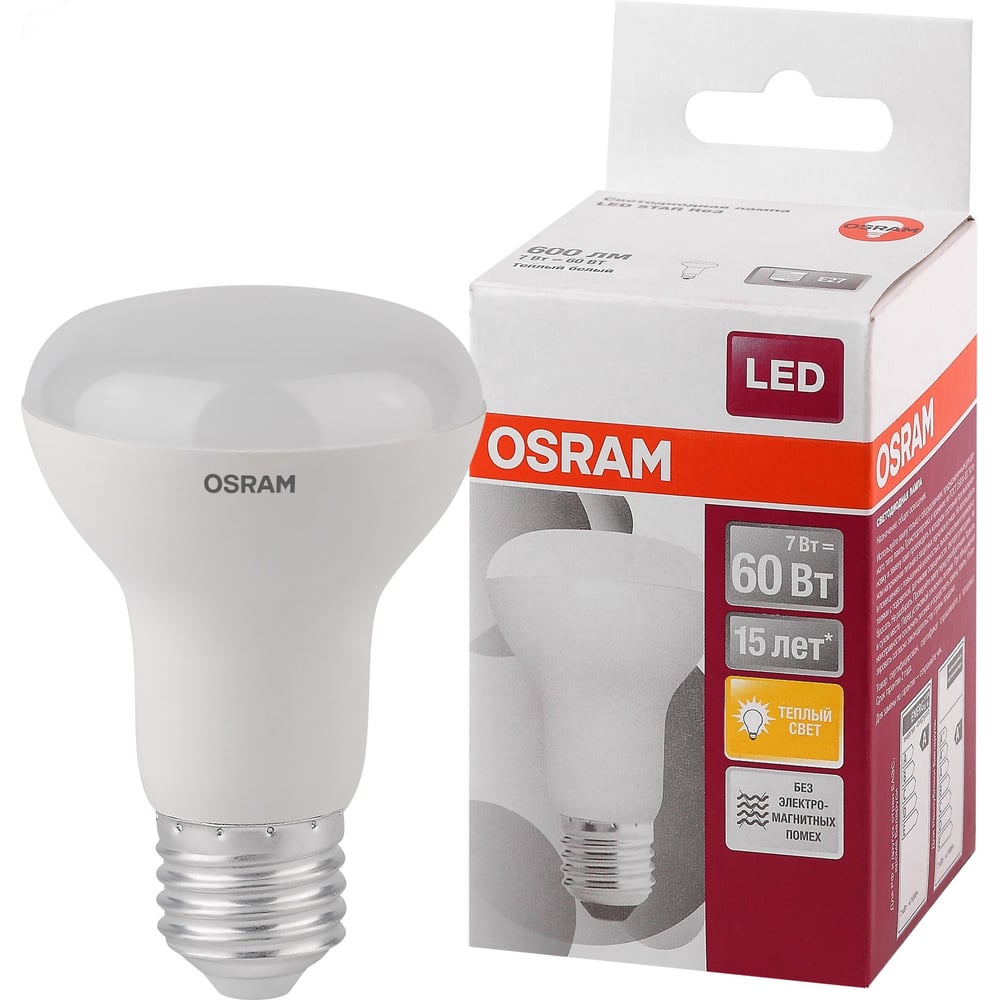 Светодиодная лампа OSRAM LED STAR, R63, 7Вт, E27, 600 Лм, 3000 К ...