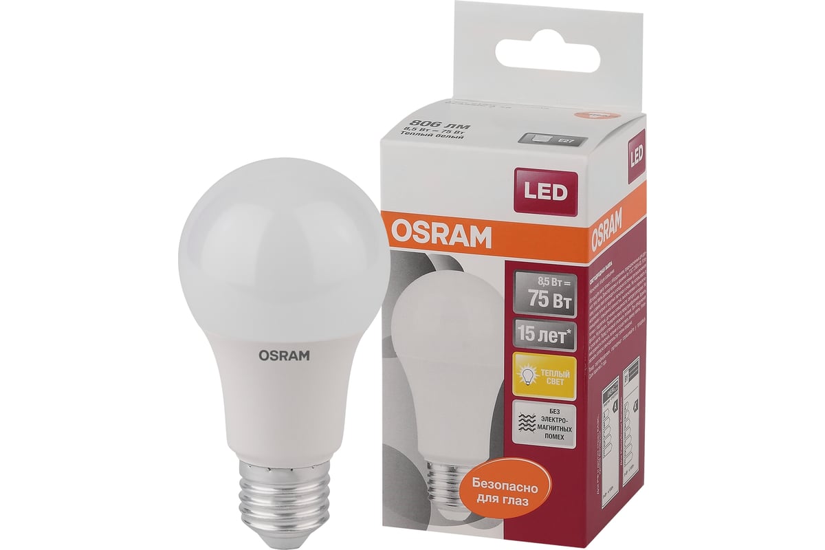Светодиодная лампа Osram LED STAR A Стандарт 8,5 Вт E27 806 Лм 2700 К Теплый белый свет ...
