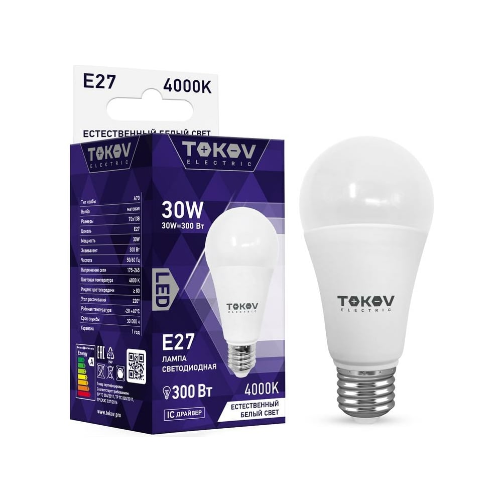 Светодиодная лампа TOKOV ELECTRIC 30Вт А70 4000К Е27 176-264В TKE-A70 ...