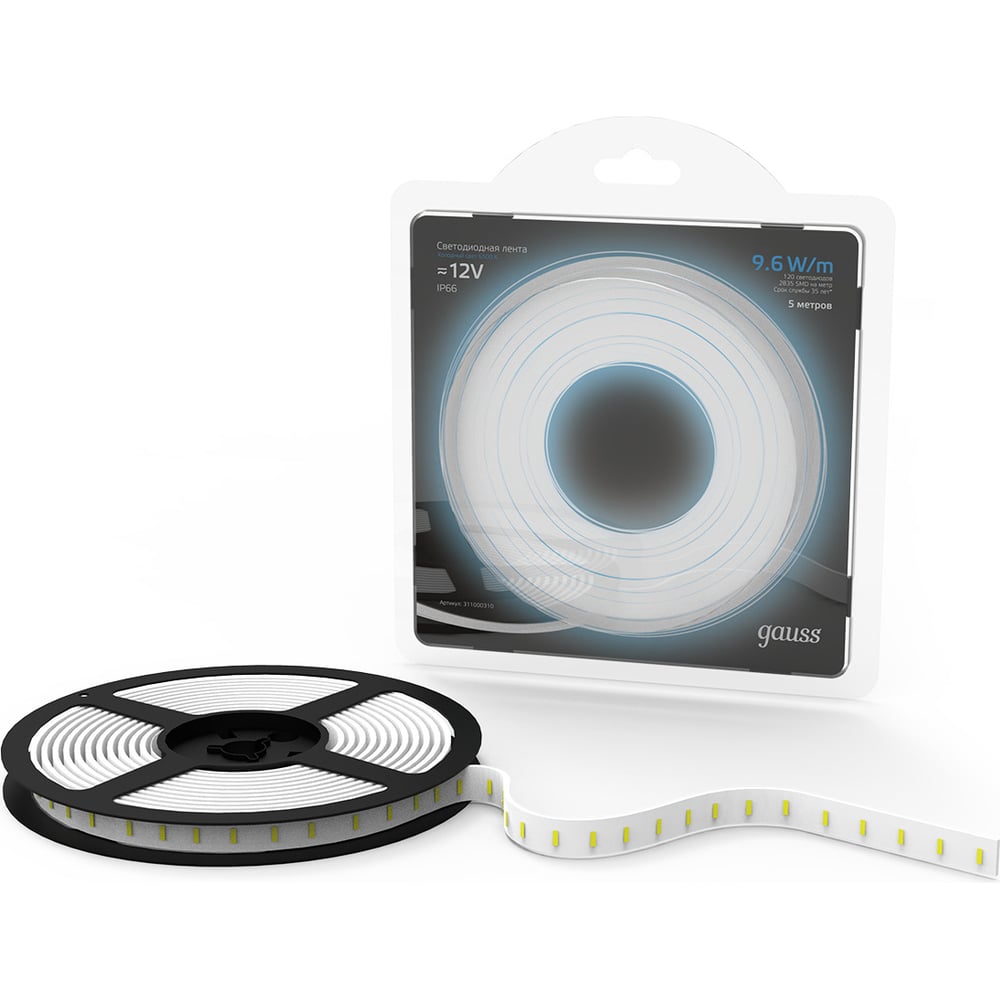 Лента Gauss LED 2835/120-SMD 9.6W 12V DC холодный белый IP66 блистер 5м ...