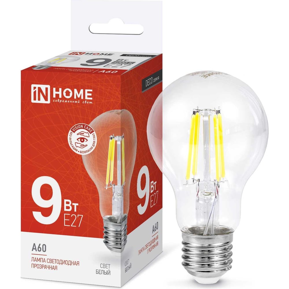 Светодиодная лампа IN HOME LED-A60-deco 9Вт 230В Е27 4000К 1040Лм ...