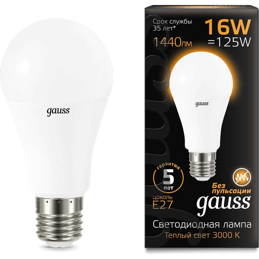 Светодиодная Лампа Gauss A60 16W 1440lm 3000K E27 LED 102502116 ...