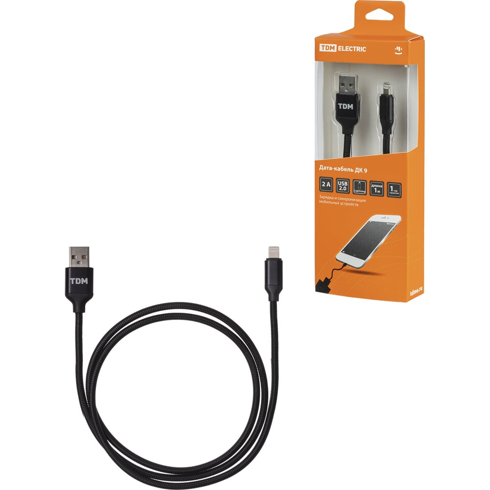 Дата-кабель TDM ДК 9, USB - Lightning, 1 м, тканевая оплетка, черный ...