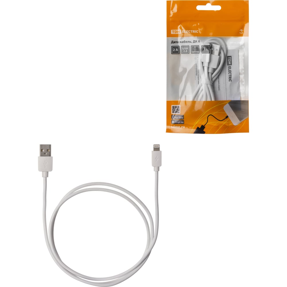 Дата-кабель TDM ELECTRIC ДК 6, USB - Lightning, 1 м, белый, SQ1810-0306 ...
