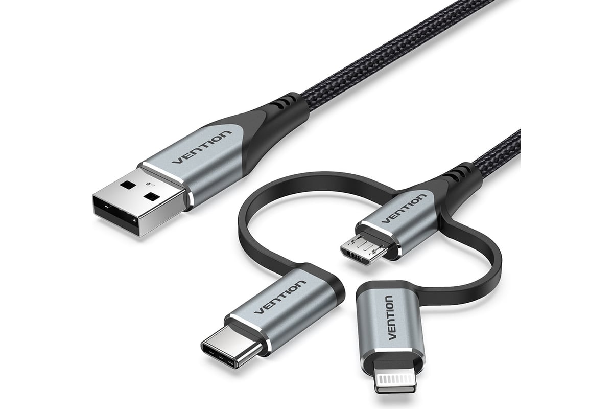 Кабель 3 в 1 VENTION USB 2.0 AM/ Micro-B, USB-C, Lightning M - 1м ...