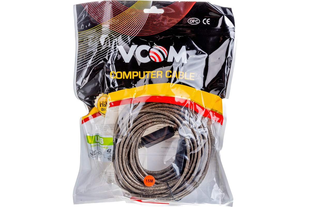 Удлинительный активный кабель-адаптер VCOM USB2.0-repeater Am-Af, 15м ...