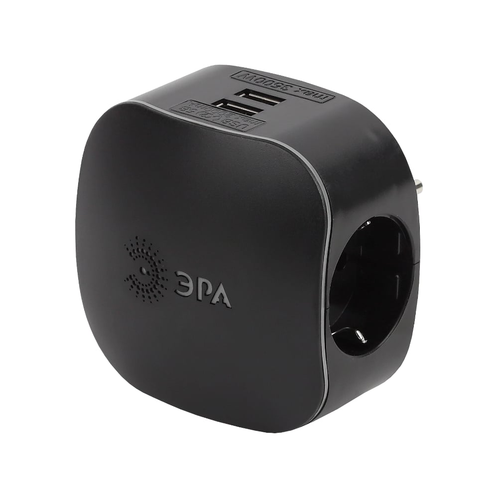 Тройник ЭРА SP3eUSBBLACK, 3гн, 220V2xUSB, 2100mA, c заземлением ...