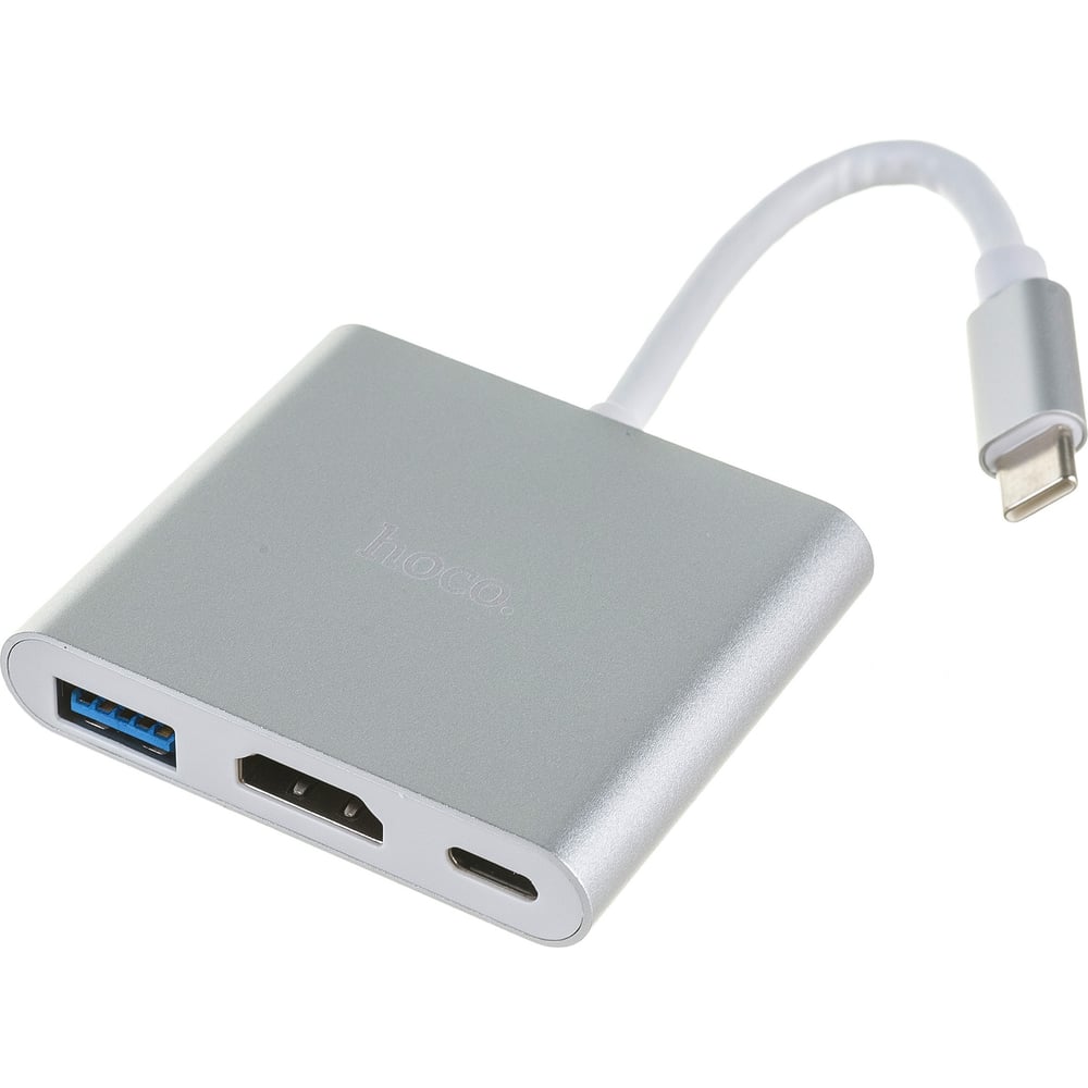 Переходник хаб Hoco HB14 Easy use Type-C adapter (Type-C to USB3.0+HDMI+PD), серебристый 800477 ...