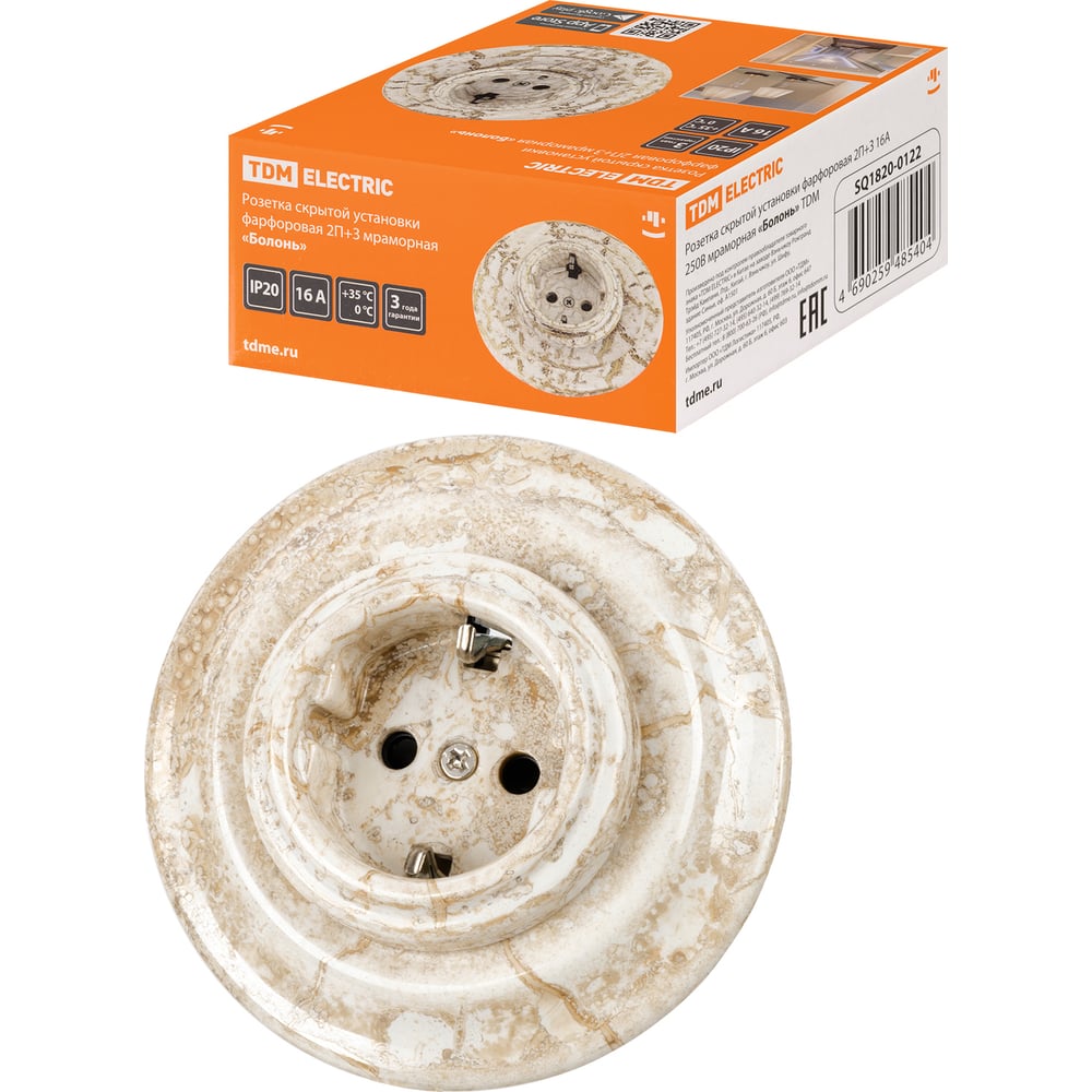 Фарфоровая розетка TDM ELECTRIC скрытой установки, 2П+З, 16А, 250В ...