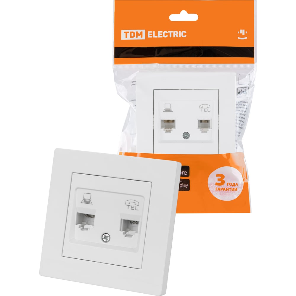 Розетка телефонная rj11 + компьютерная rj45 TDM белая "сенеж" SQ1816 ...