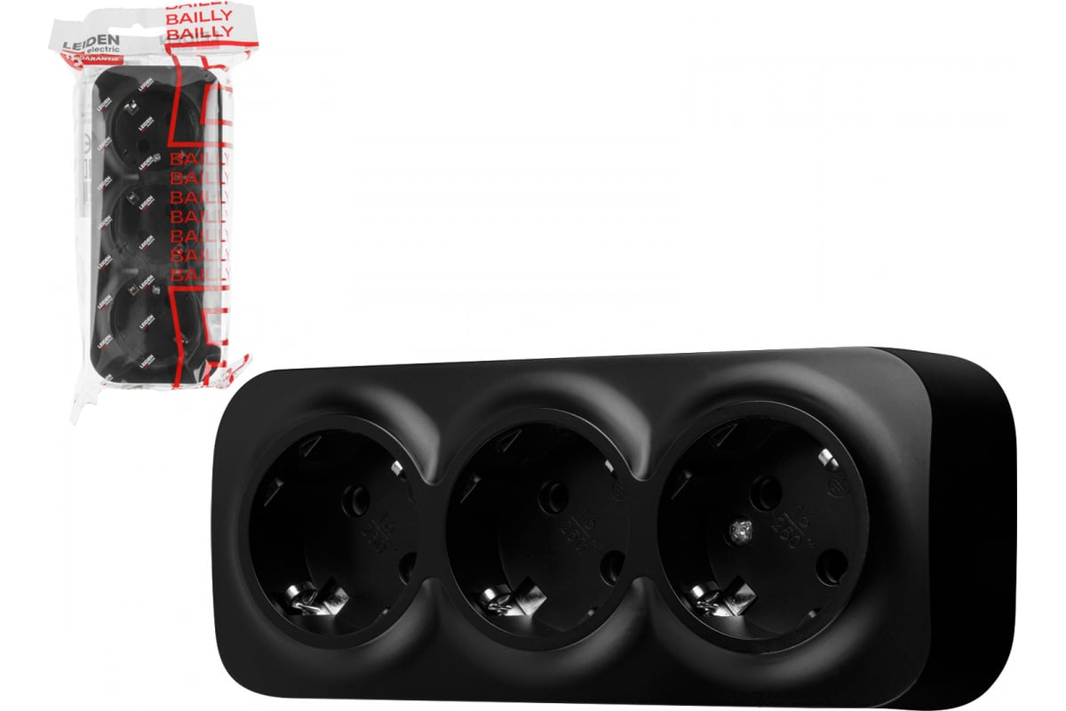 Розетка LEIDEN ELECTRIC 3-ая (открытая, с/з) черная, Bailly, 806017 ...