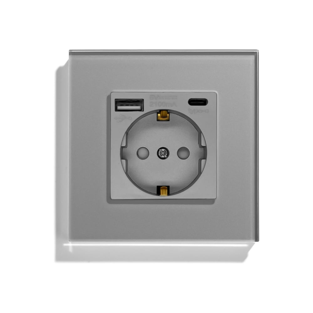 Розетка Vell электрическая, серая, 1 пост, USB-A, USB-C, стеклянная ...