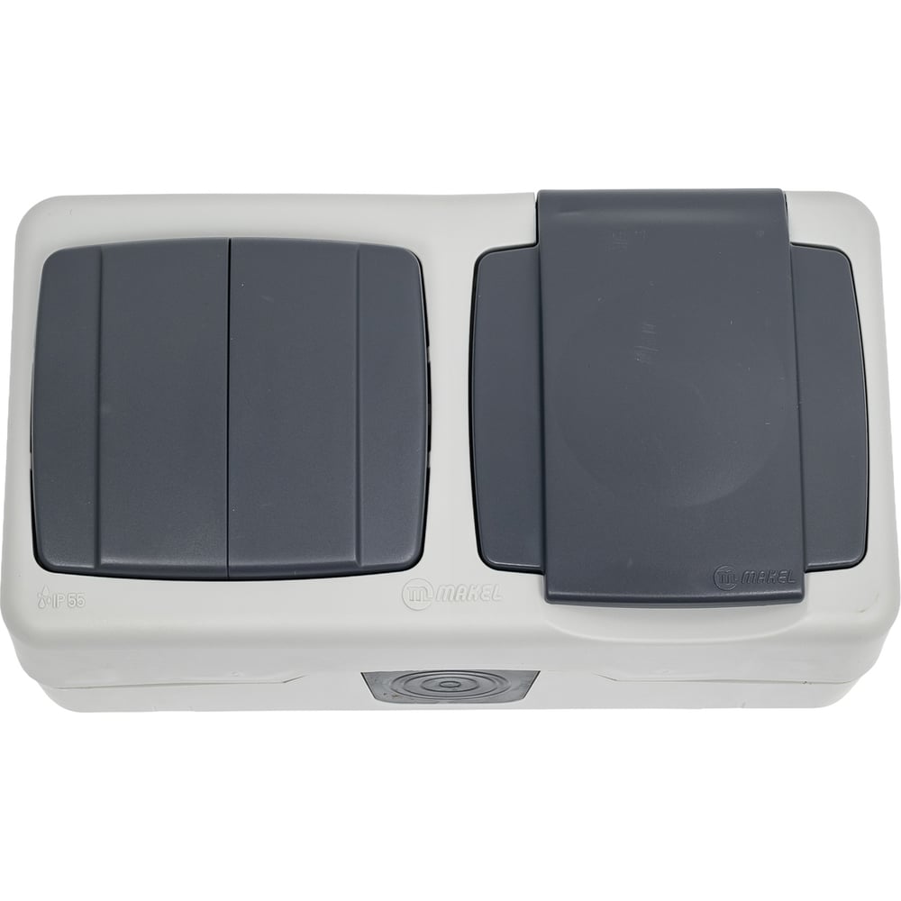 Выключатель двухклавишный + розетка с крышкой MAKEL влагозащищенная серия IP 55 серая 36064203 ...