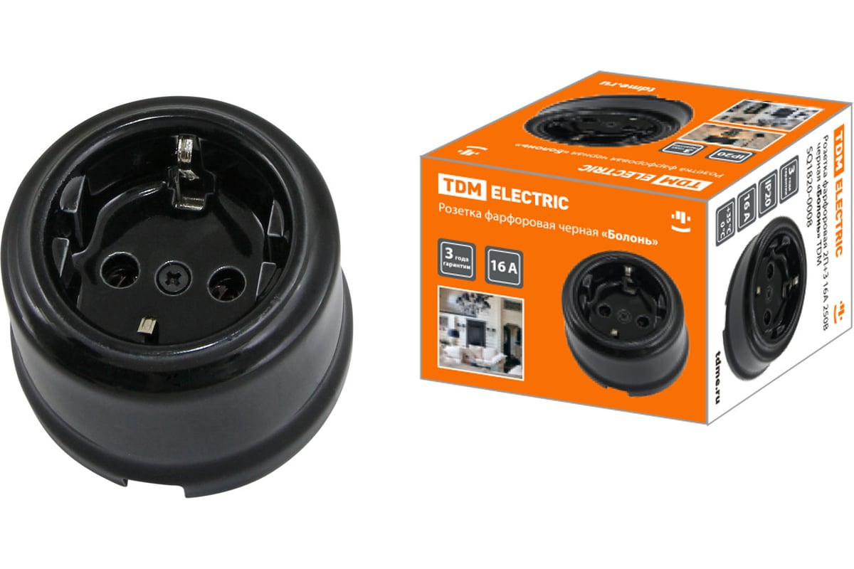 Розетка TDM ELECTRIC фарфоровая 2П+З 16А 250В черная «Болонь» SQ1820 ...