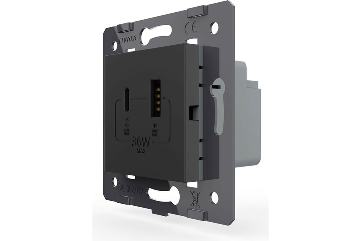 Розетка USB type C+A LIVOLO с блоком питания 36W, цвет черный (механизм ...