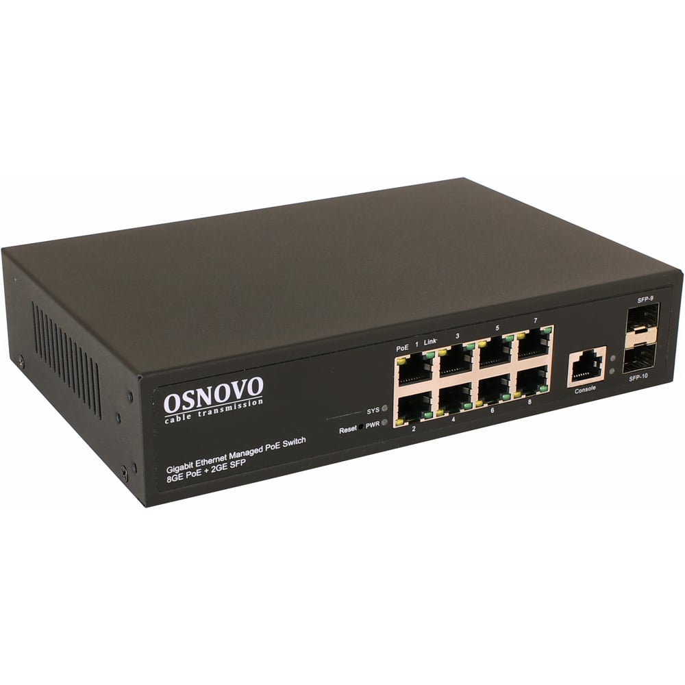 Управляемый L2 PoE коммутатор OSNOVO SW-80802/L(150W) Gigabit Ethernet на 8 RJ45 PoE + 2 x GE ...