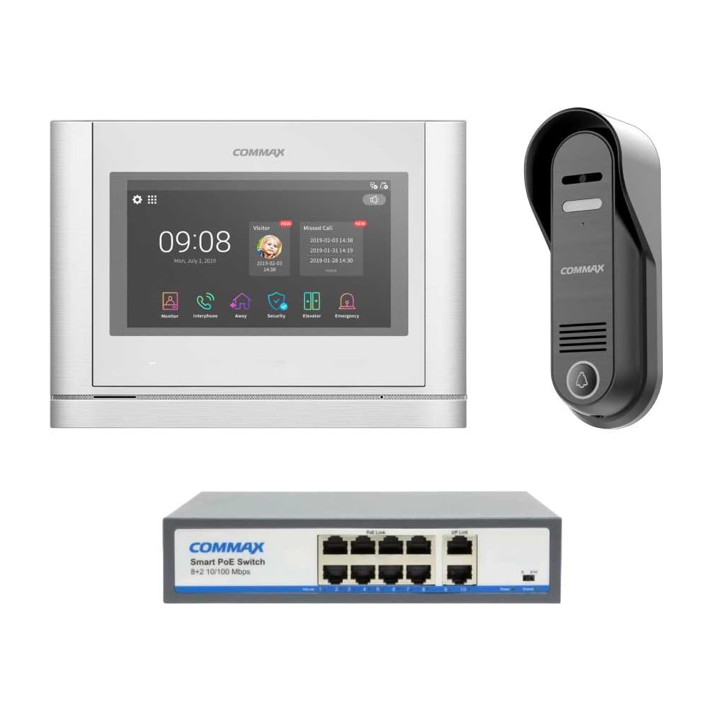IP Комплект видеодомофона, вызывной панели и коммутатора COMMAX CIOT-1020MWhite/D20P/H8L2 CIOT ...
