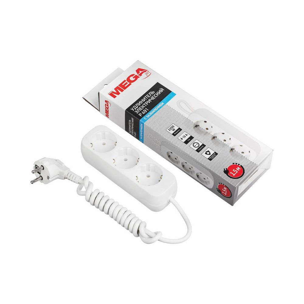 Удлинитель ProMega 3 розетки, с заземлением, 1,5м, 10а, 2200 вт, белый ...