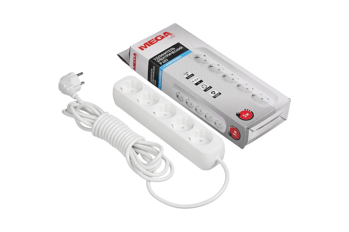 Удлинитель ProMega 5 розеток, с заземлением, 5м, 10а, 2200 вт, белый ...