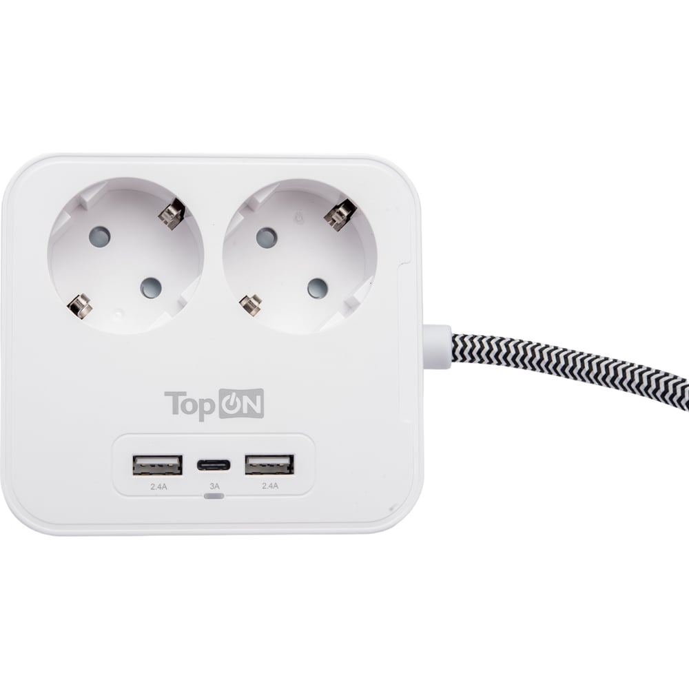 Сетевой фильтр TopOn на 2 розетки с 2 USB-A и USB-C, 4000W, 1.5 м Белый ...