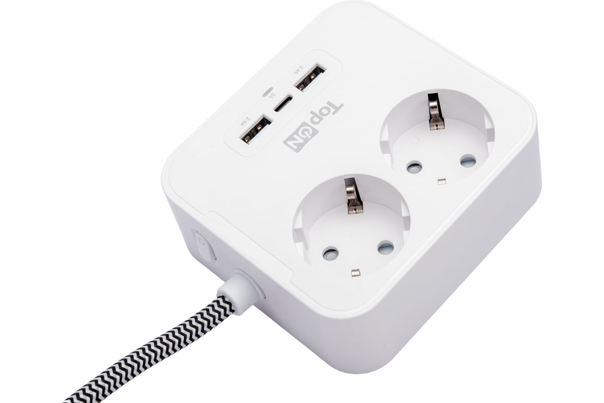 Сетевой фильтр TopOn на 2 розетки с 2 USB-A и USB-C, 4000W, 1.5 м Белый ...