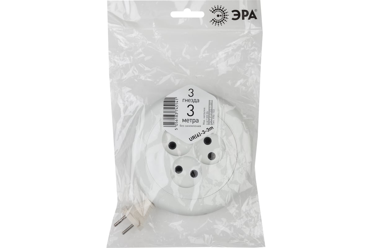 Удлинитель ЭРА Россия UR6-3-3m/УХ6-103 рулетка без заземления,1300Вт ...