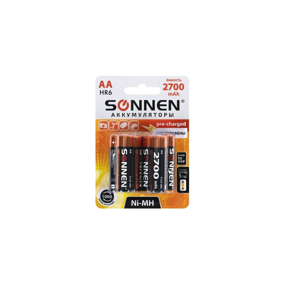 Аккумуляторные батарейки SONNEN комплект 6 шт., AA (hr6), 2700 mah, ni ...